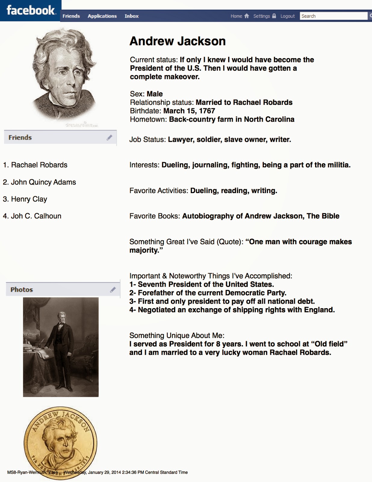 Mrs. Mooney's Teaching World: Andrew Jackson's Facebook Profile