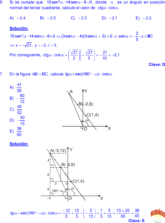 Ángulos en posición normal ejercicios resueltos de Razones trigonométricas