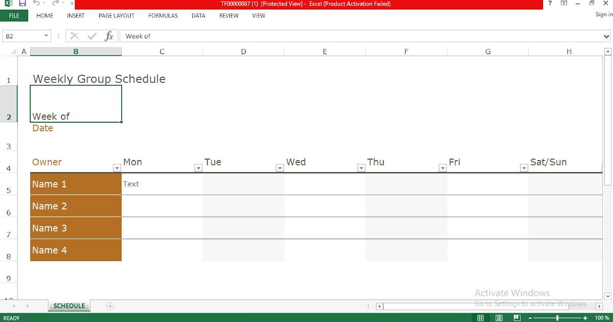 Weekly group schedule Excel Template - Software engineering