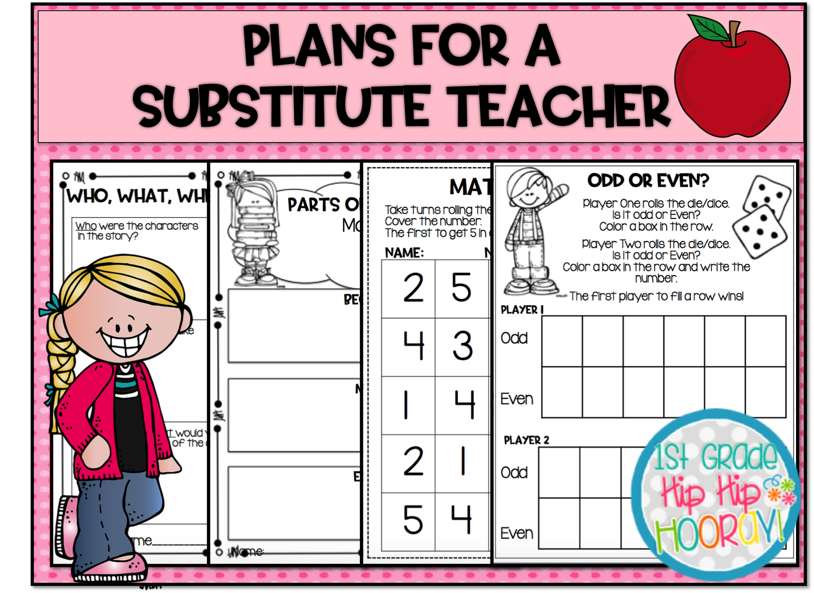 1st Grade Hip Hip Hooray!: Substitute Teacher Plans!! (Editable)