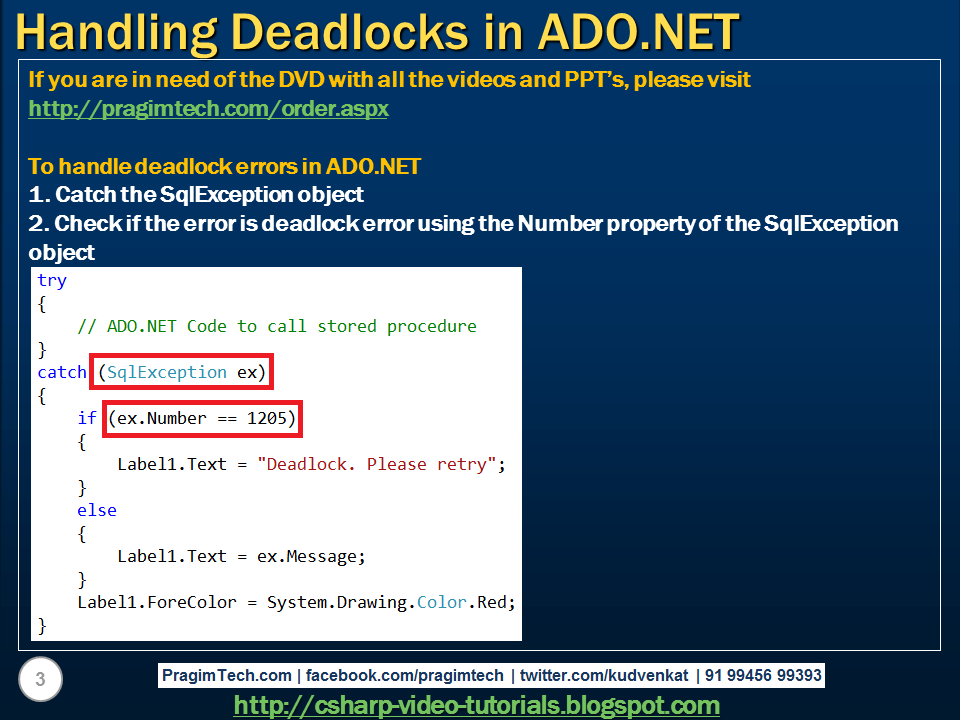 Sql server, .net and c# video tutorial: Handling deadlocks in ado.net