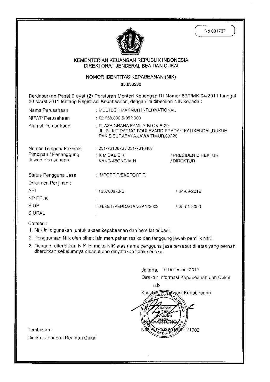 NIK (Nomor Induk Kepabeanan)