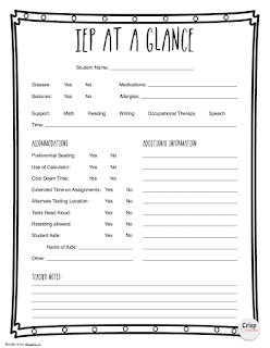 Fourth Grade Frenzy: Another FREEBIE!! IEP at a Glance