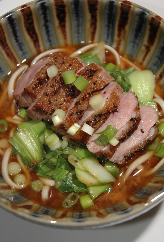 nueva cocina: Szechwan Pepper Crusted Duck Breast, Udon Miso Broth