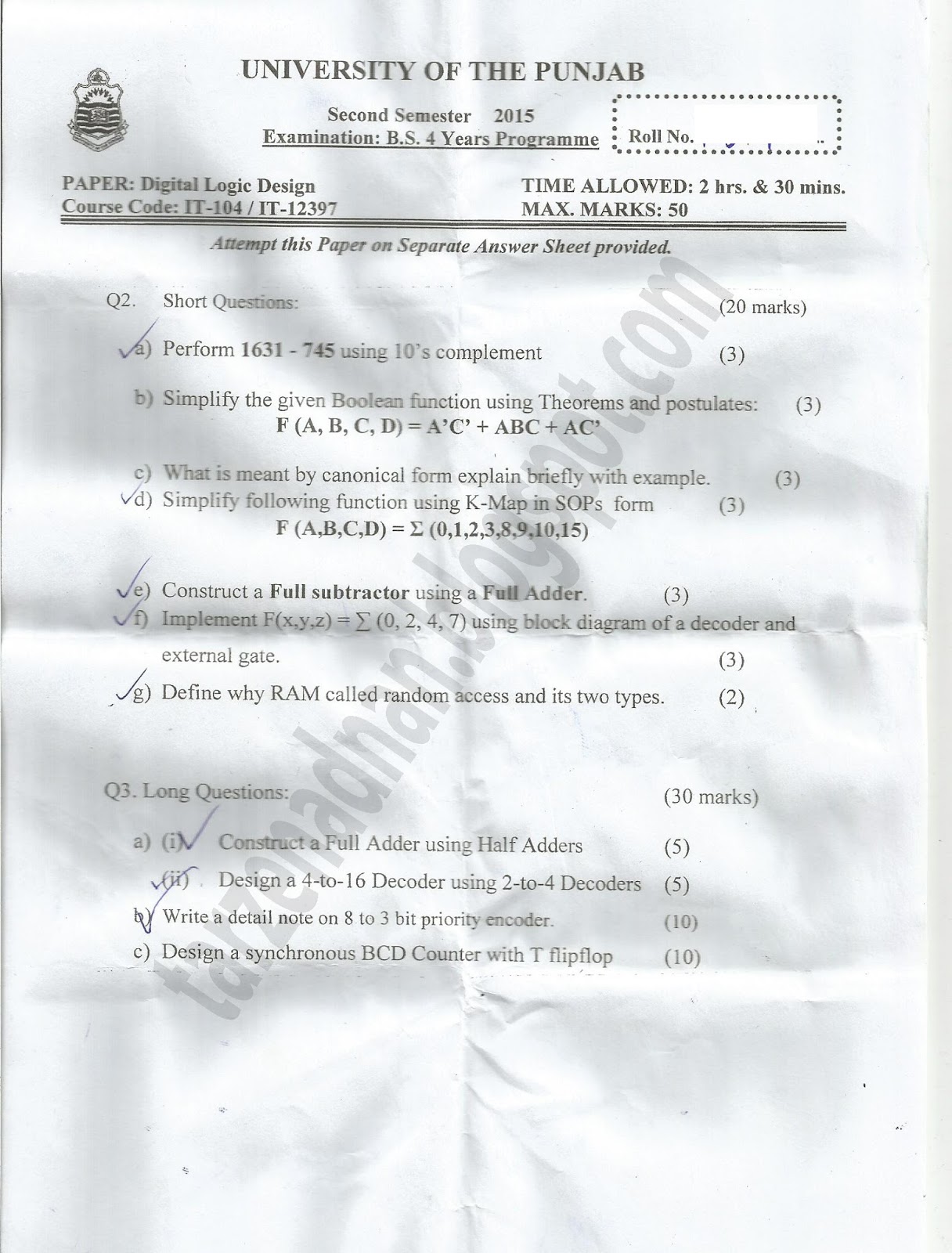 PUNJAB UNIVERSITY AFFILIATED COLLEGES BSIT,2nd SEMESTER PAST PAPERS ...