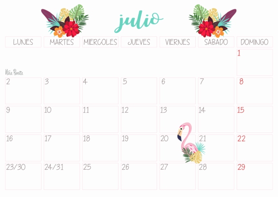Imprimible: calendario Julio 2018 | Manualidades