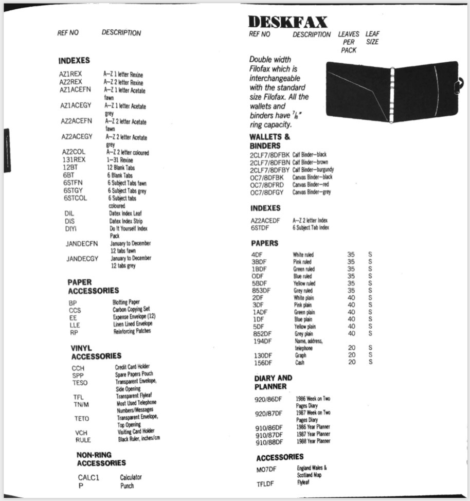 Philofaxy: Filofax 1986 Product List
