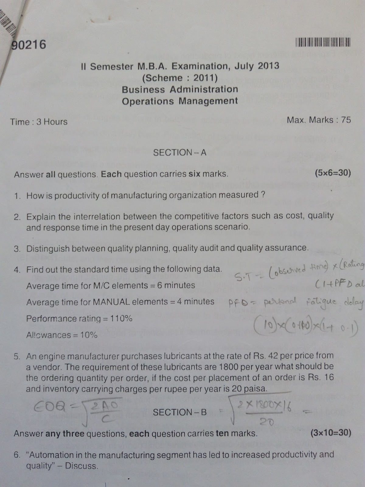 II SEM OPERATIONS MANAGEMENT QUESTION PAPERS