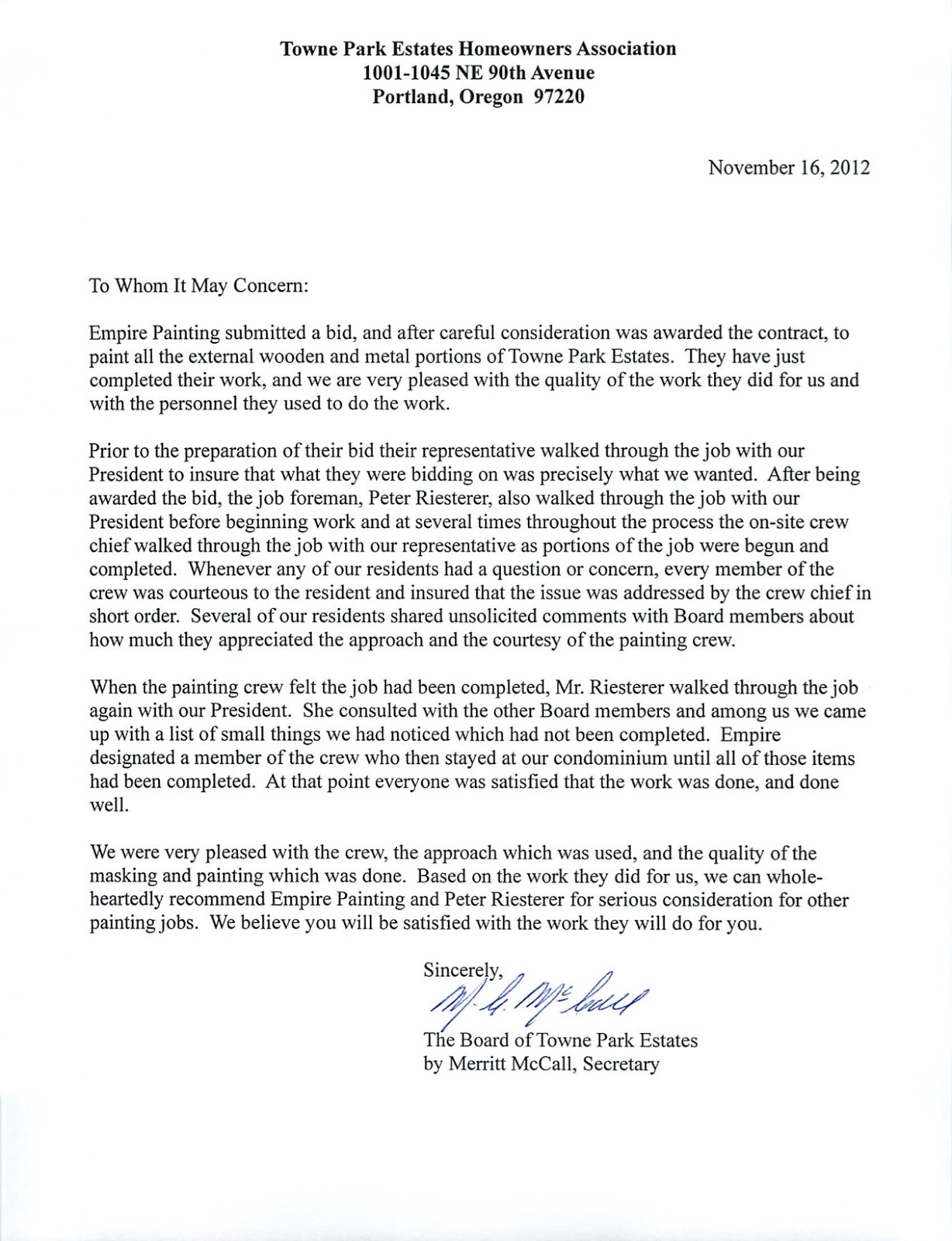 Works Reviews And Resources Towne Park Estates HOA Reference Letter Works Reviews And Resources Towne Park Estates HOA Reference Letter