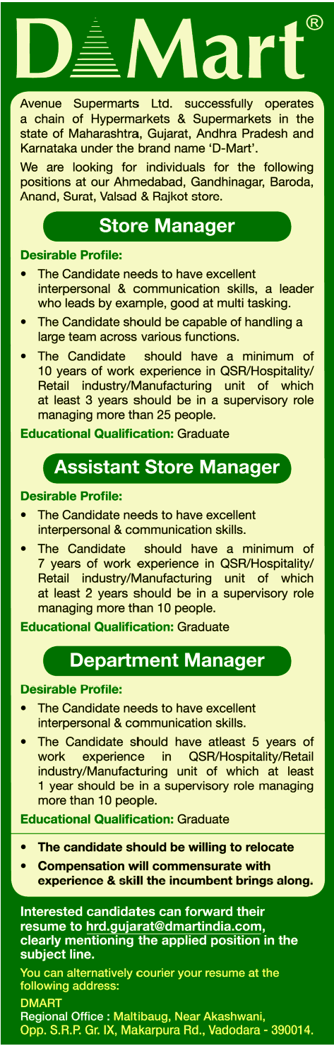 Requirement On D Mart - Job