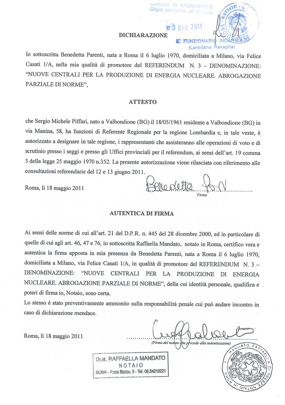 Italia dei Valori Brescia: Deleghe notarili per Rappresentanti di Lista