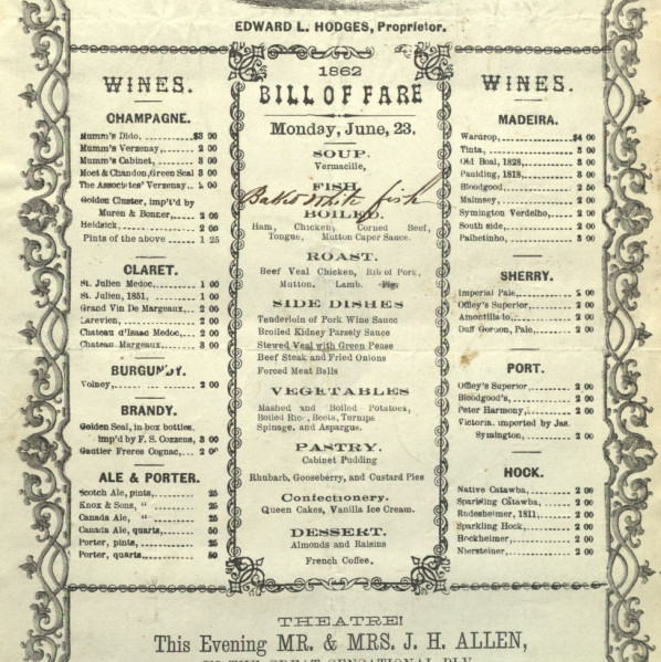 A Writer's Desk: Hotel and Restaurant Menus of the 1850s and 60s