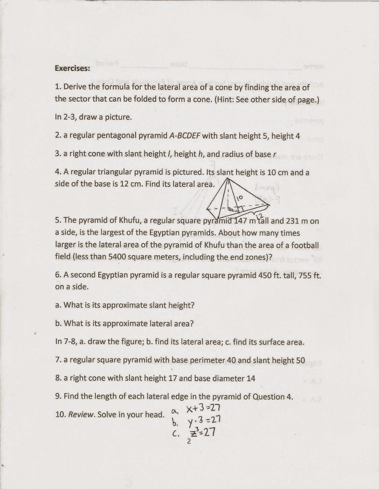 Geometry, Common Core Style: Lesson 10-2: Surface Areas of Pyramids and ...