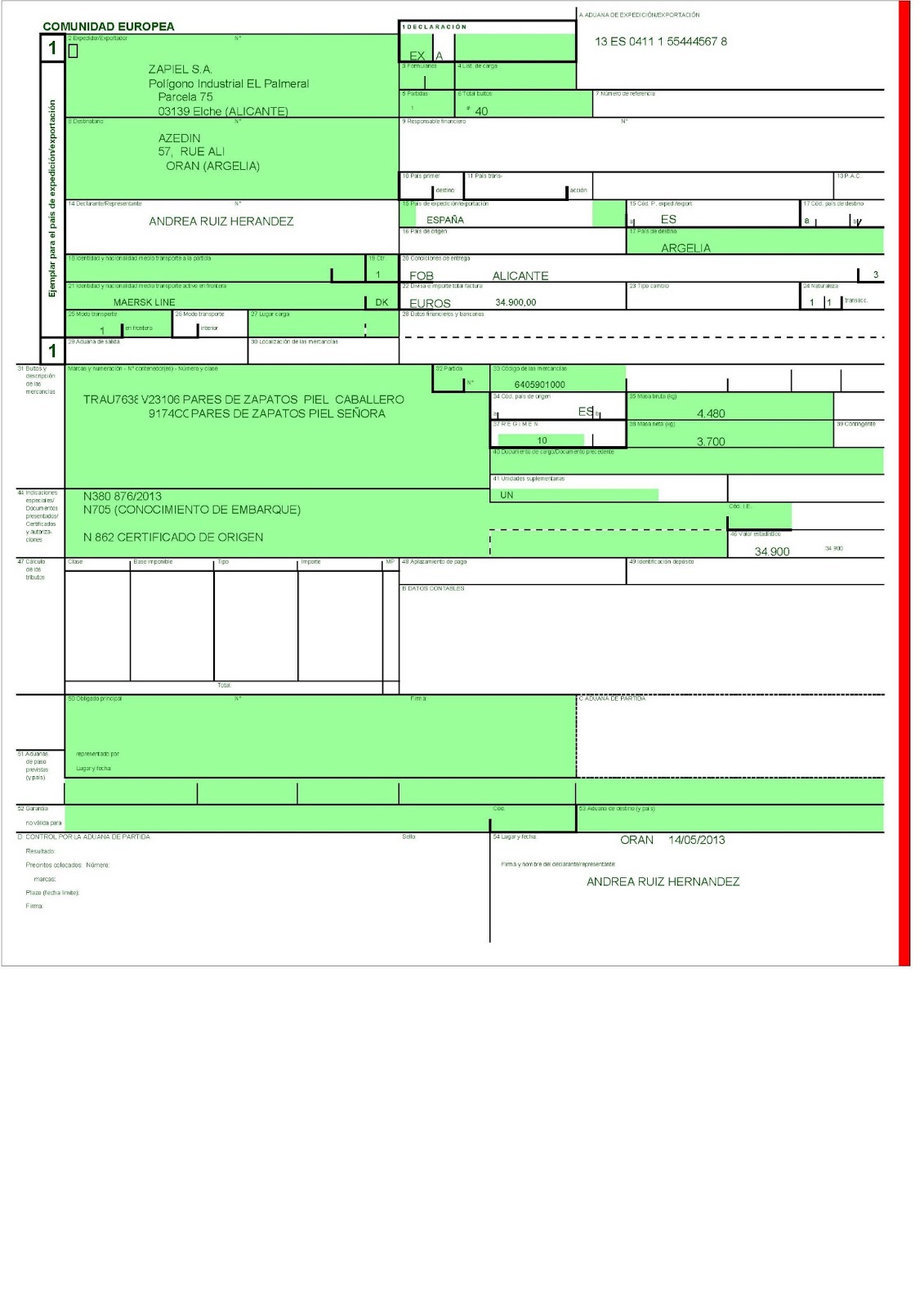 ZAPIEL S.A.: DUA EXPORTACIÓN