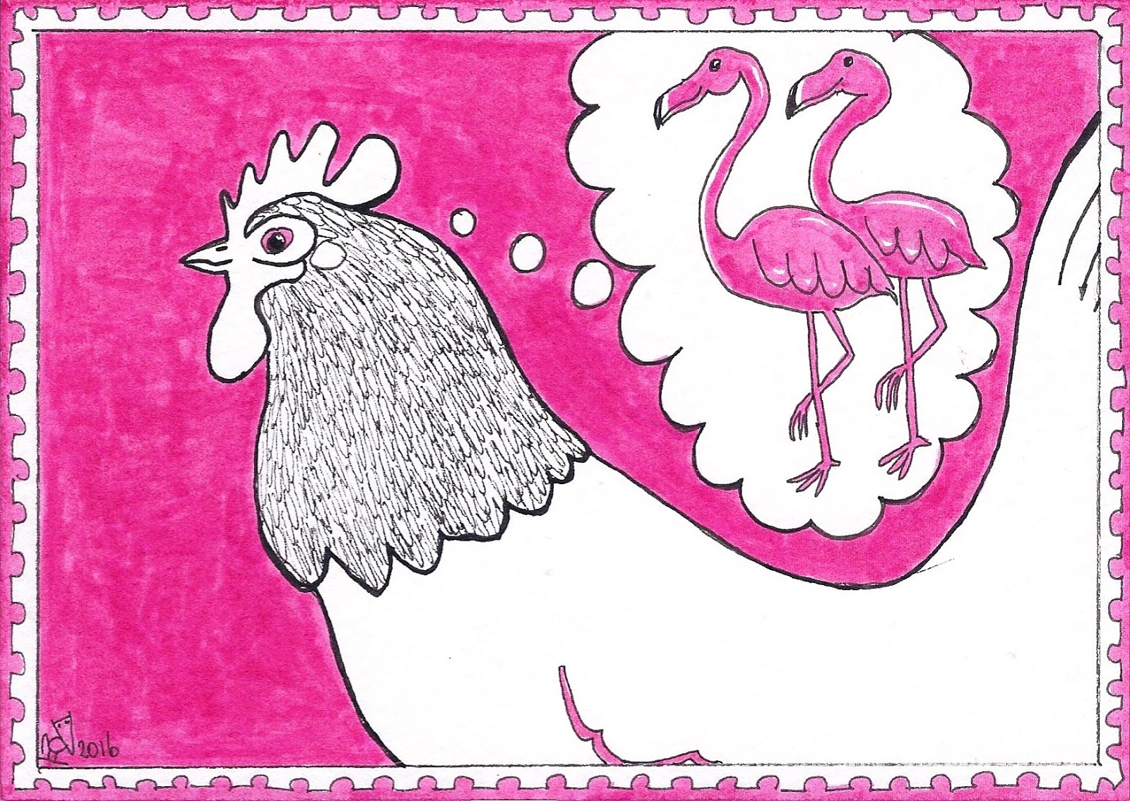 Heleen21 Mail Art: Rooster in pink