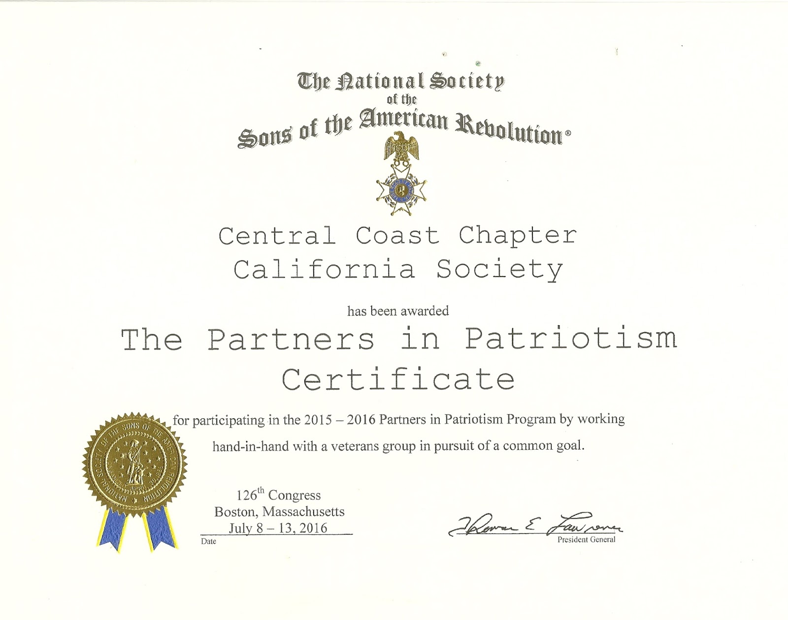 Central Coast Chapter, Sons of the American Revolution: The Partners in ...