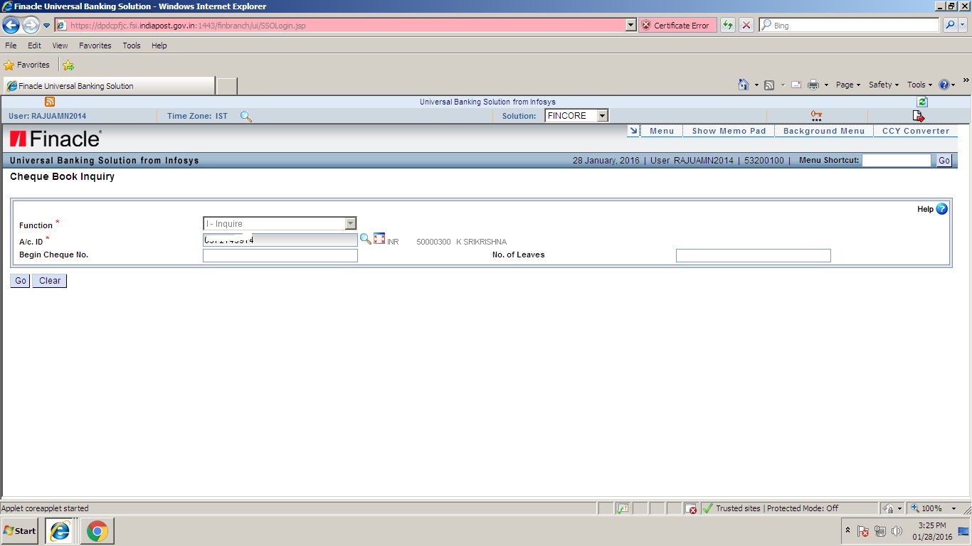 Procedure to inquire the cheque status or cheque book inquiry in DOP ...