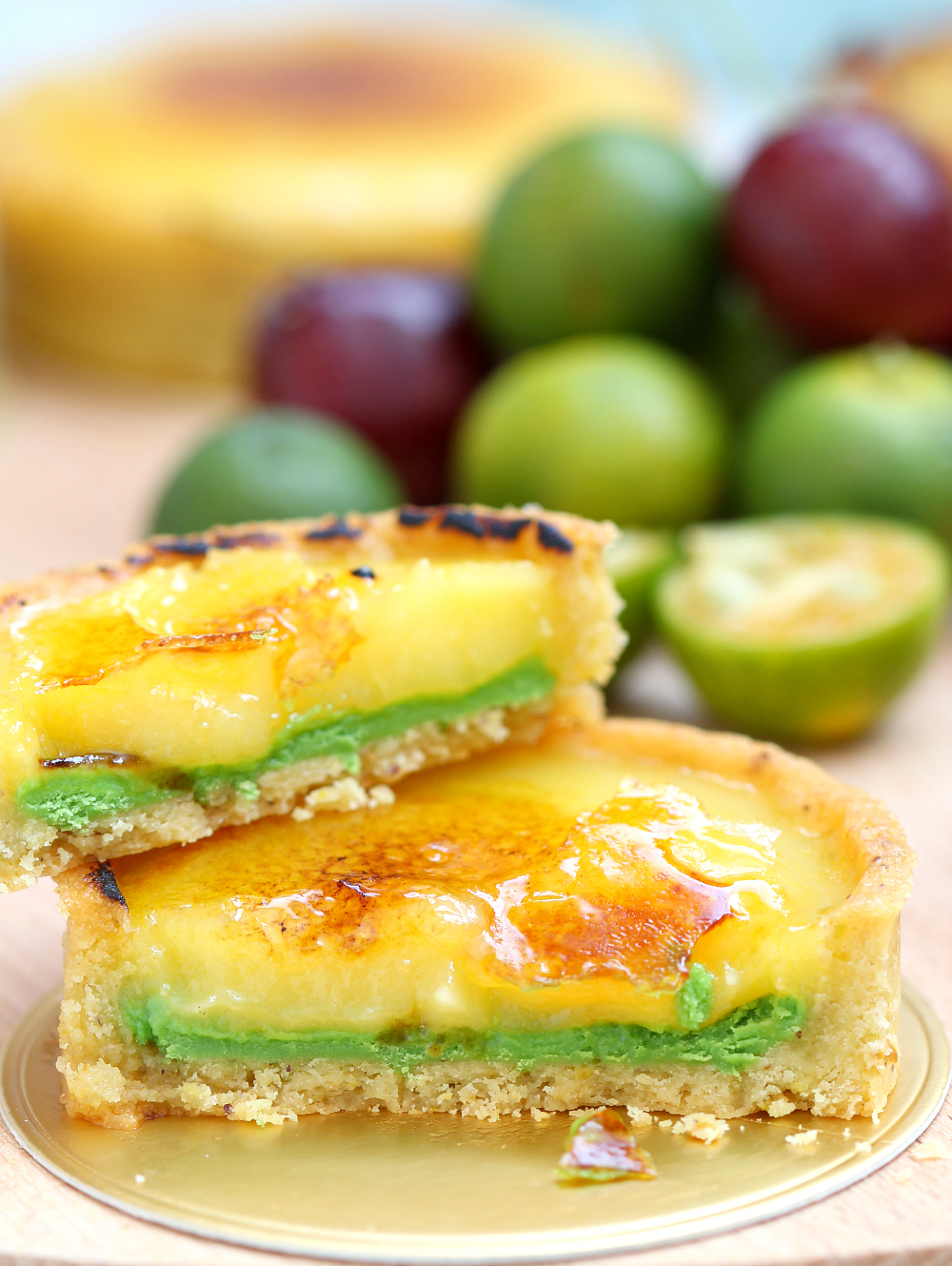 Calamansi brulee tart with diy matcha chocolate ganache layer