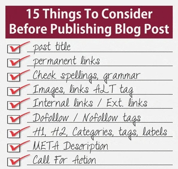 Pre-Post Checklist of 15 Things To Do BEFORE PUBLISHING A New Blog Post