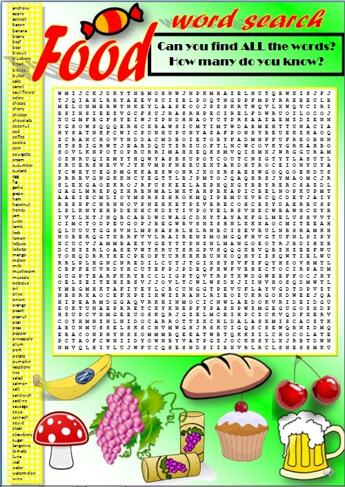 English stuff ESL: FOOD WORDSEARCH (intermediate worksheet)