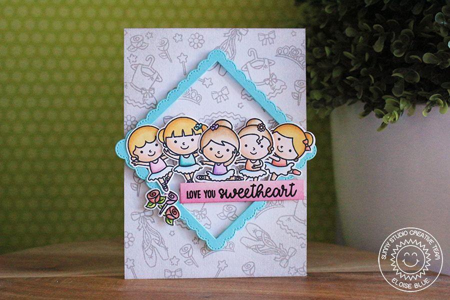 Sunny Studio: Tiny Dancers Tone-On-Tone Stamped Background Card with Eloise