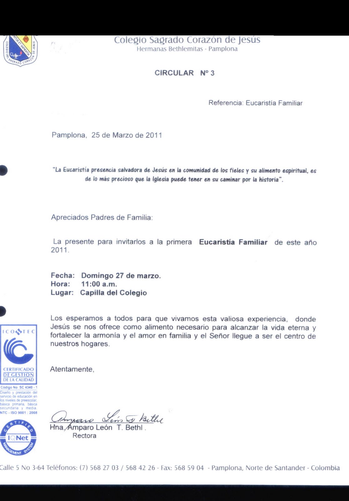 Bethlemitas Pamplona: Circulares y El Informativo Bethlemita