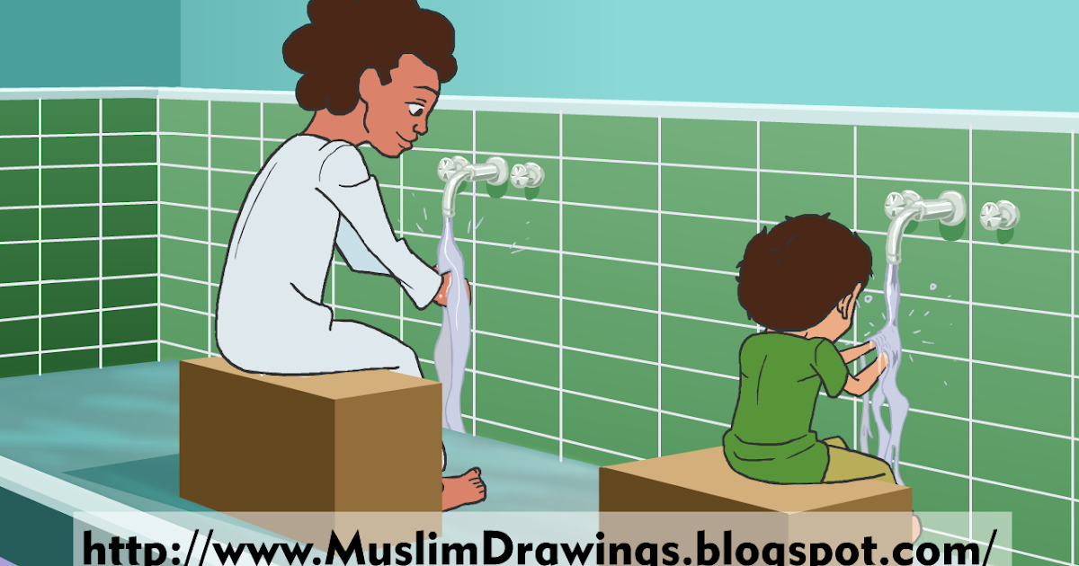 Muslim Cartoon for kids: Father and son making wudu