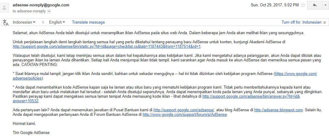 contoh email balasan diterima google adsense upgrade dari hosted ke non ...