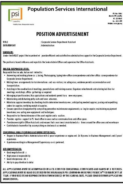 RECRUITMENT AT PSI LESOTHO - FEB 2017
