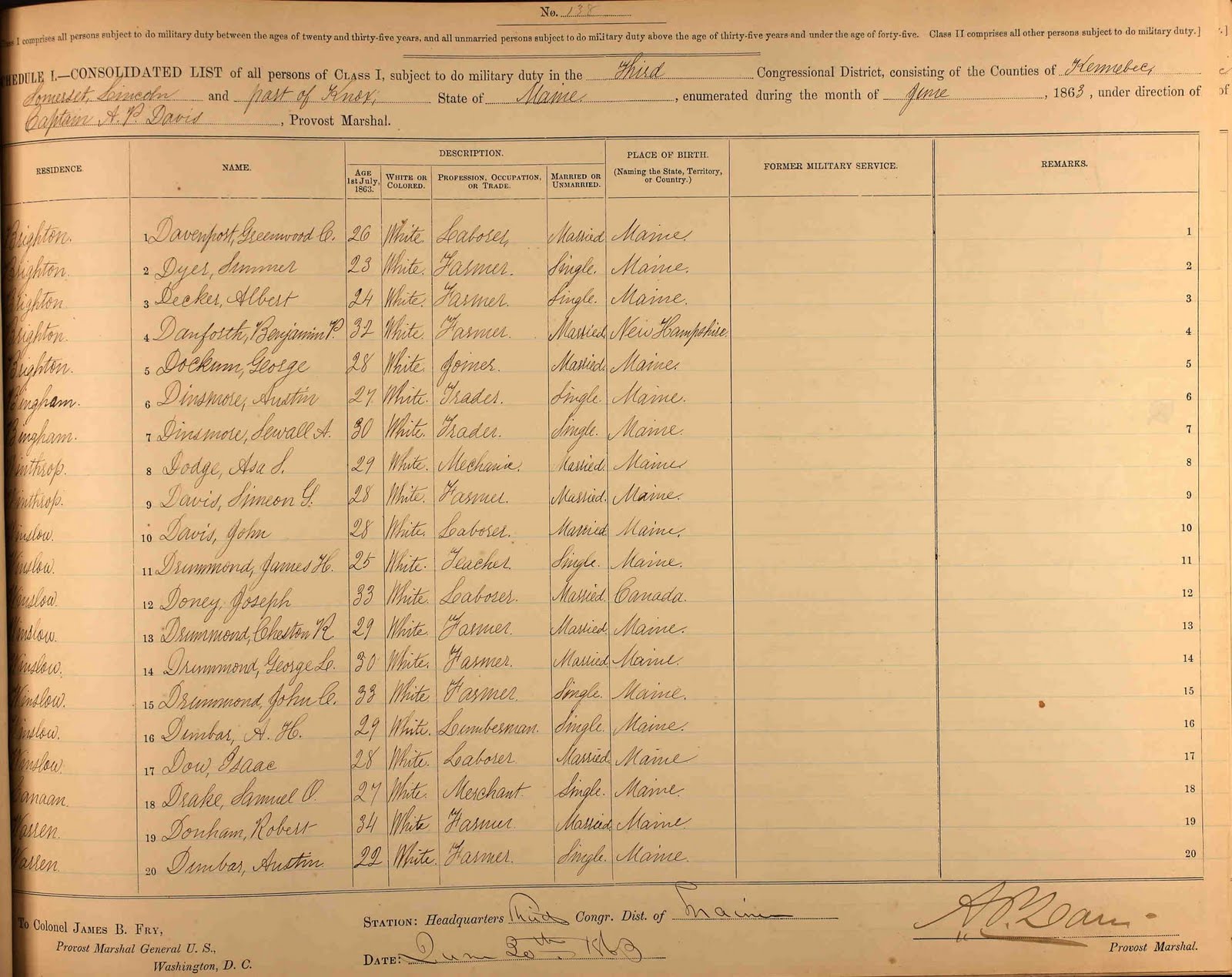 Dodge Family History: Civil War Draft Registrations - July 1, 1863