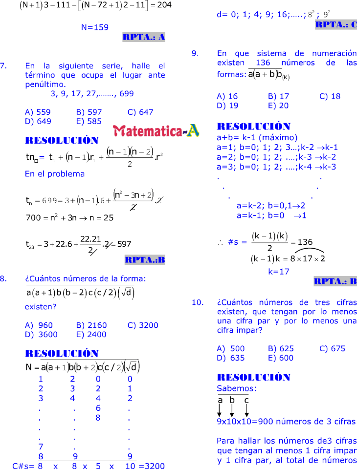 NUMERACIÓN II EJERCICIOS RESUELTOS ~ MATEMATICAS PROBLEMAS RESUELTOS