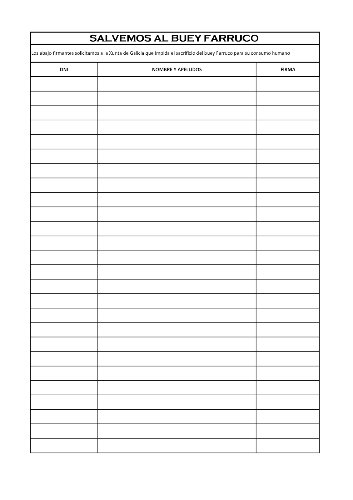 Salvemos al buey Farruco: Hoja de firmas