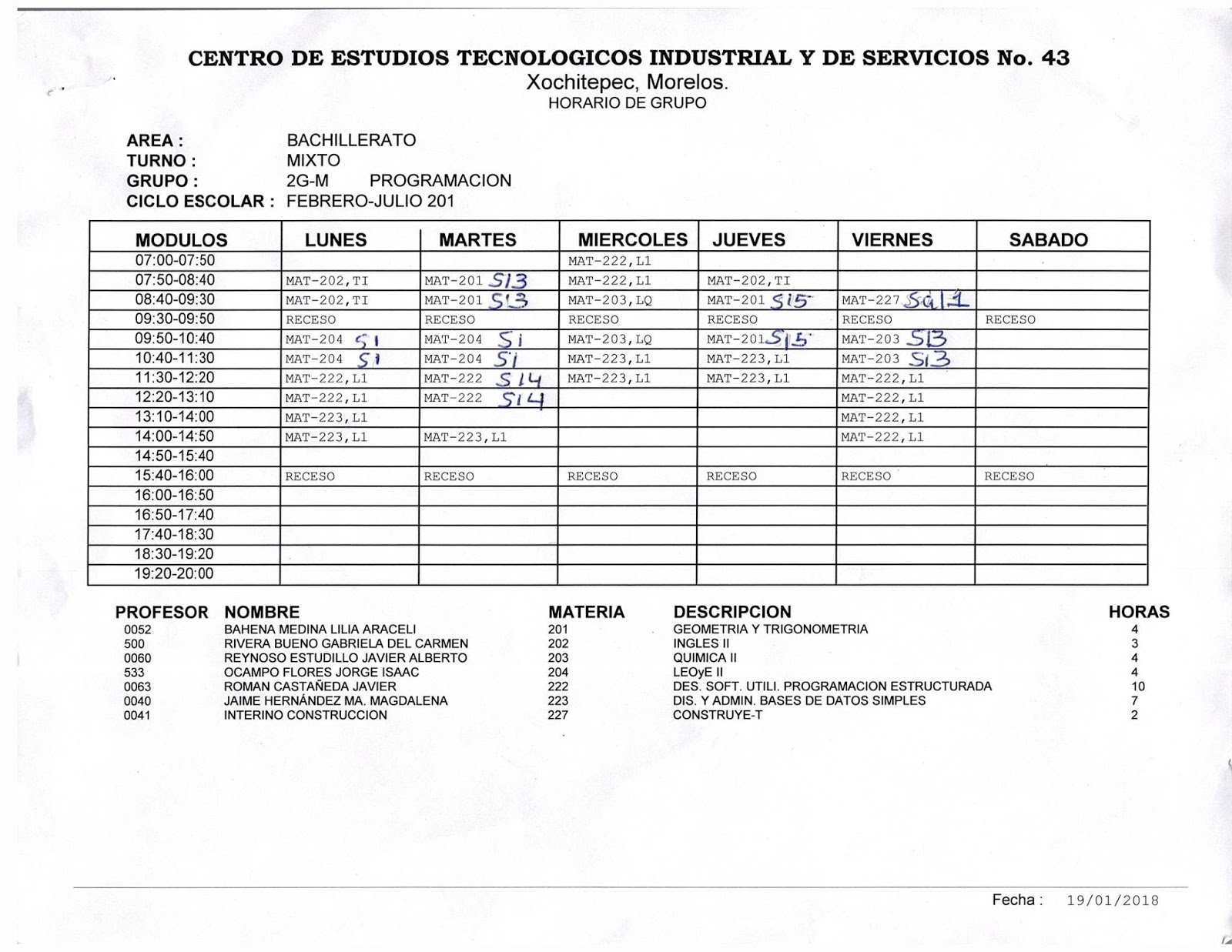 CETis 43 : HORARIOS 2do SEMESTRES