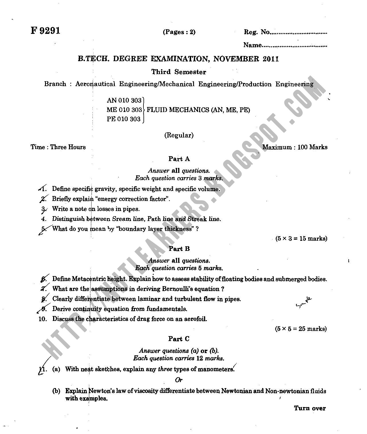 Fluid Mechanics - MG University Question Paper | Nut Learners