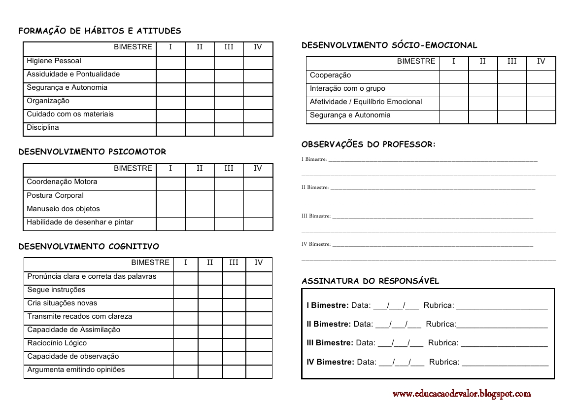 Pedagogia em Foco: Modelo de Boletim