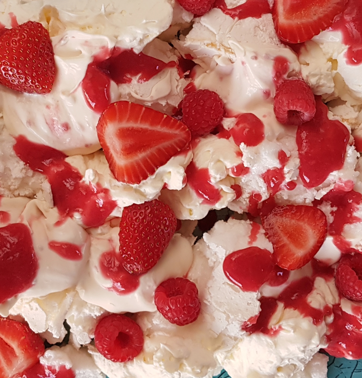 Smashed Pavlova with Raspberry Coulis Cream