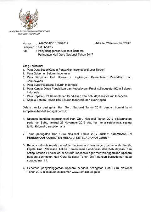 Surat Mendikbud Penyelenggaraan Upacara Bendera Peringatan Hari Guru ... Surat Mendikbud Penyelenggaraan Upacara Bendera Peringatan Hari Guru ...