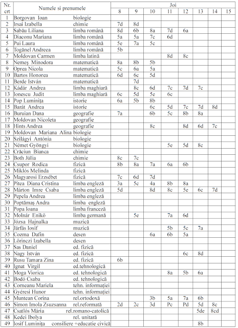Şcoala Gimnazială "Dr. Bernády György", Târgu Mureş: ORAR PROFESORI ...