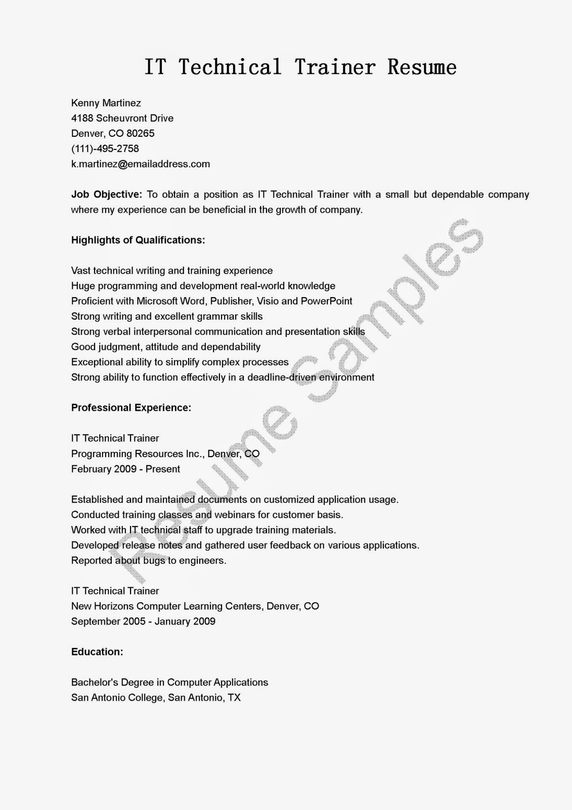 Resume Samples: IT Technical Trainer Resume Sample