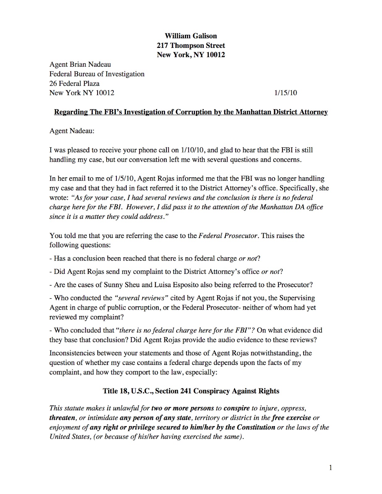 The Crimes of Jonathan Lippman: 1/15/10 letter to FBI Agent Brian Nadeau