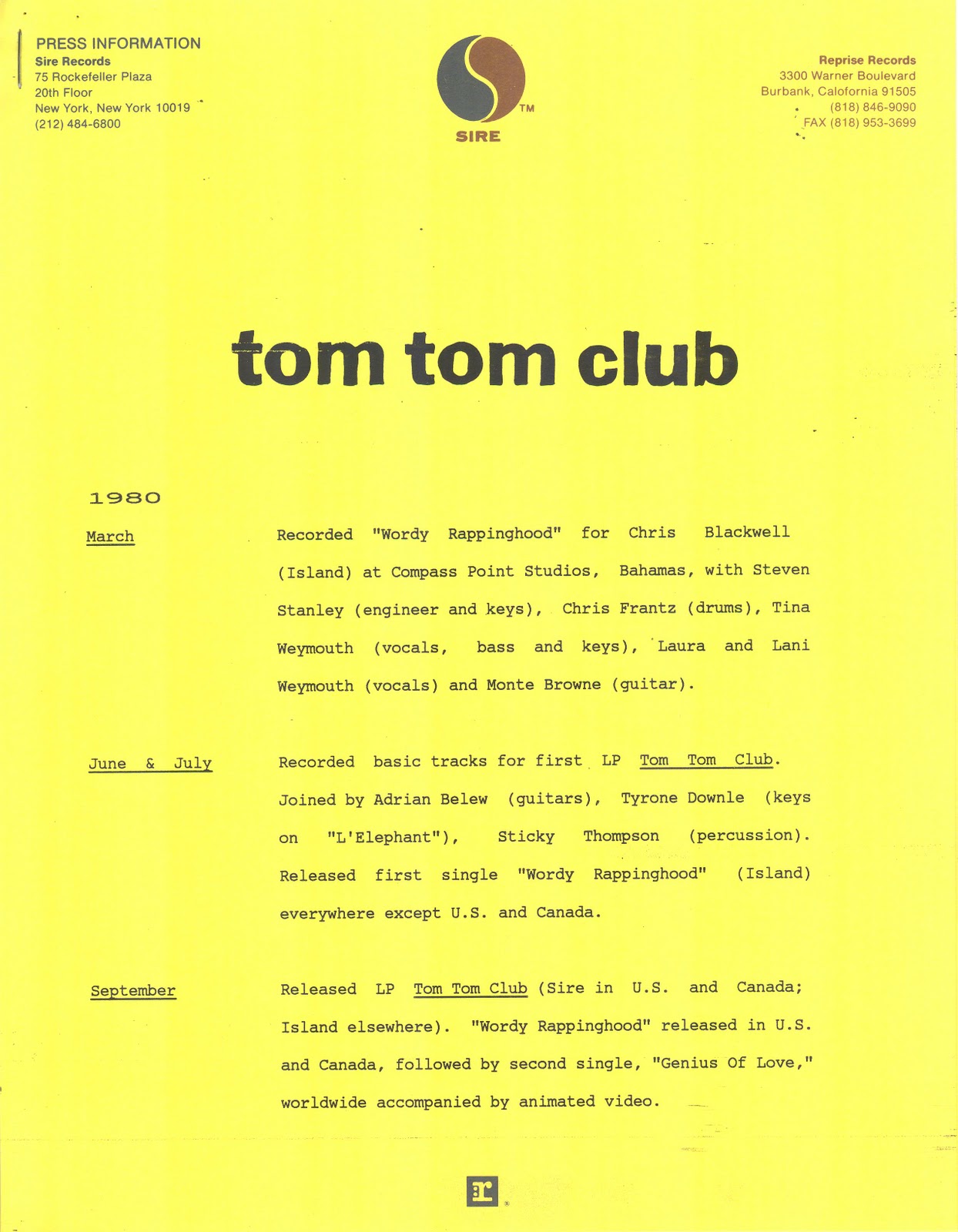 Lansure's Music Paraphernalia: TOM TOM CLUB | Press Kits | Memorabilia