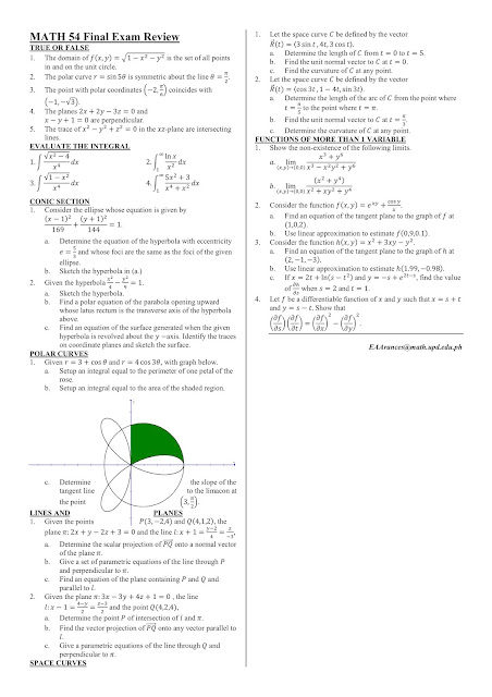 UPD Samplexes, Readings, and Materials: UPD Math 54 (Now Math 22) Finals Samplex (no answers ...