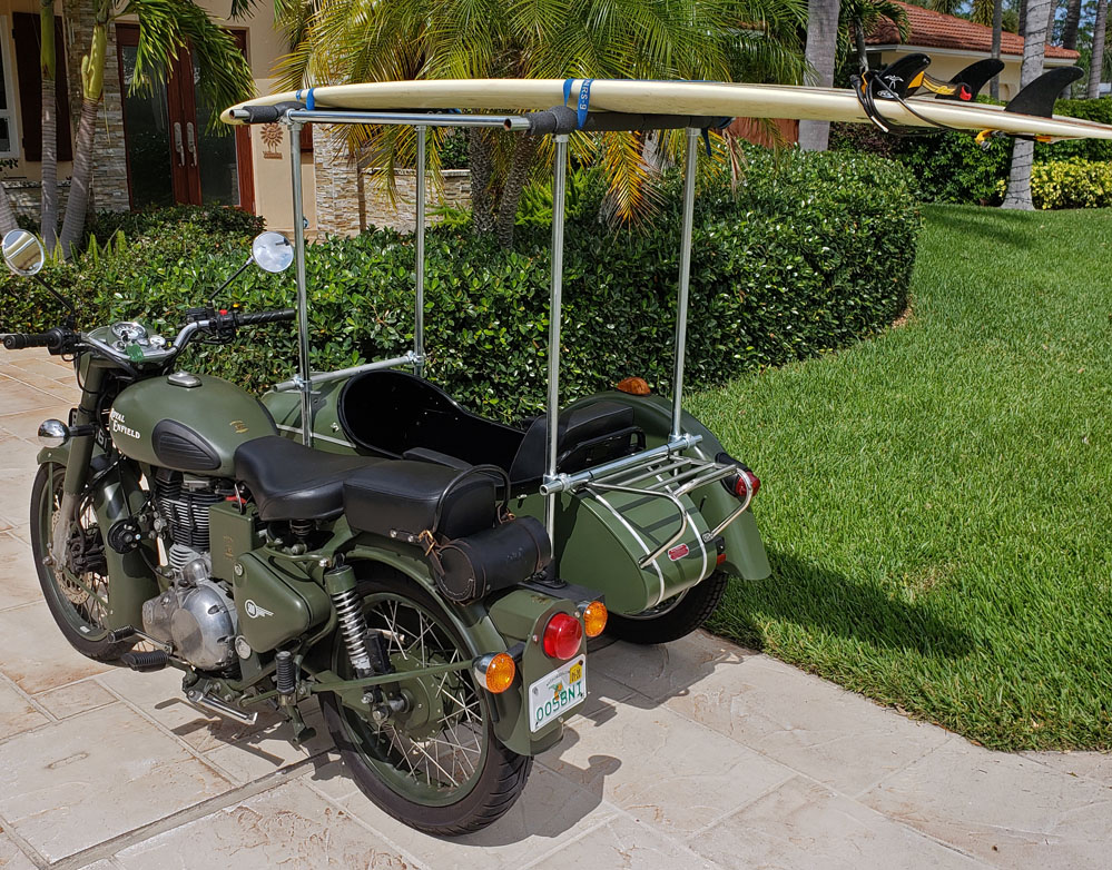 RoyalEnfields.com: His Royal Enfield sidecar rig takes him surfing