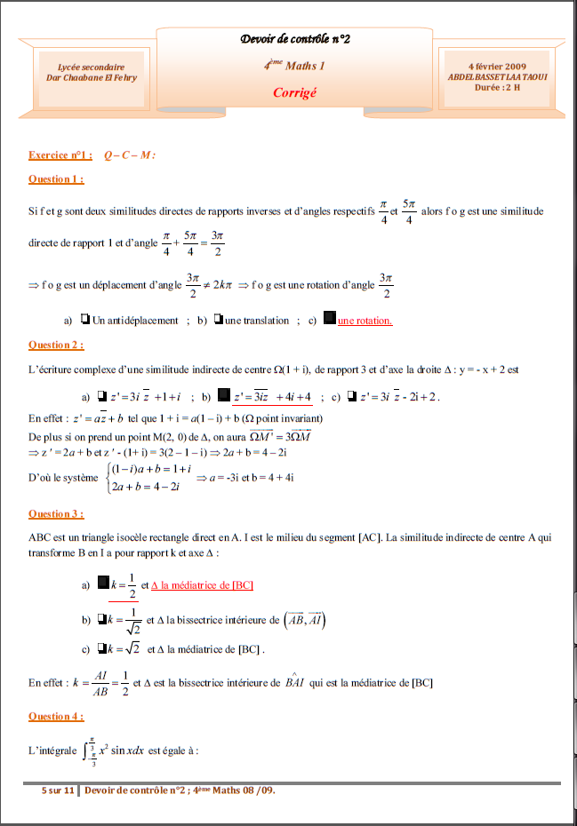 devoirs math de controle et de synthèse + corrigés ..bac math 2eme ...
