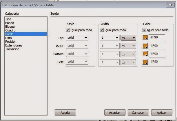 Dreamweaver CS6: Propiedades CSS Regla de destino a una tabla