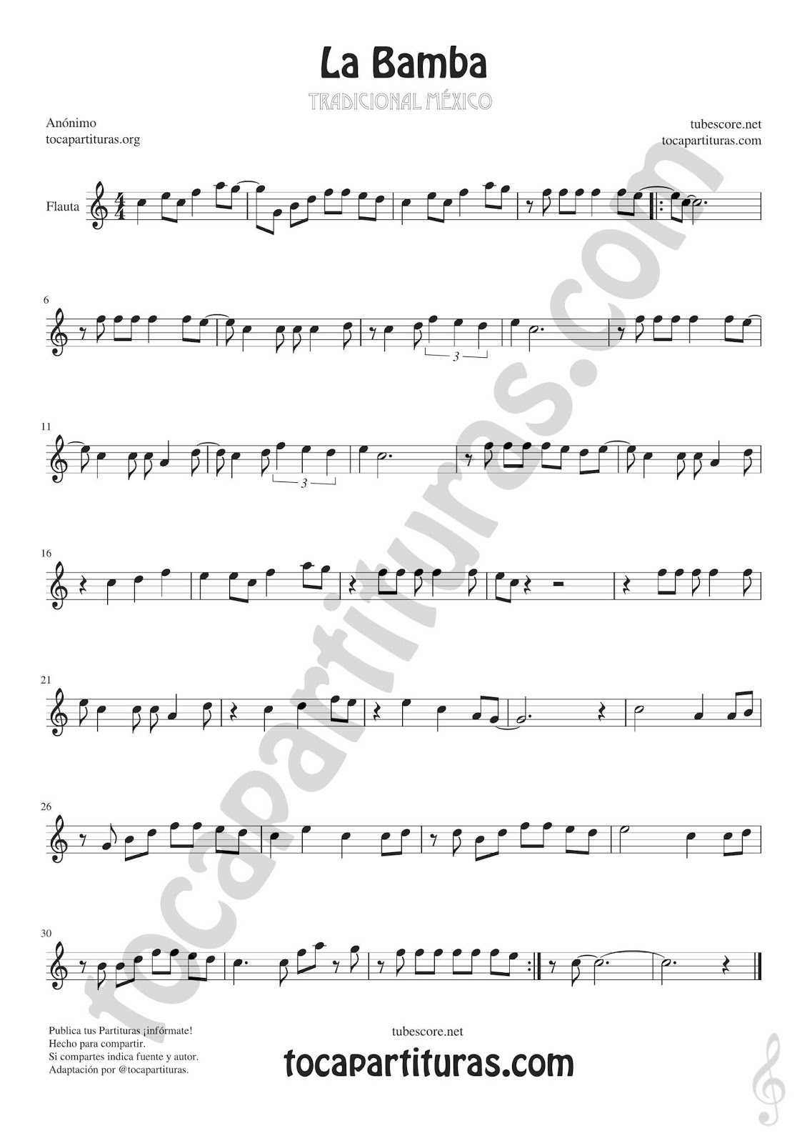 tubescore: La Bamba by The Lobos Sheet Music for Flute, Violin, Alto ...