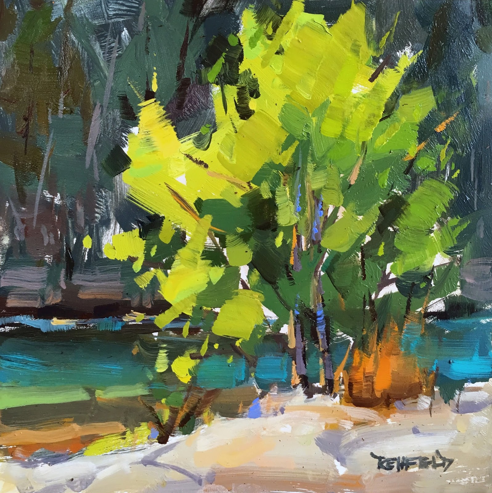 Cathleen Rehfeld: #1033 Plein Air Tree By The River