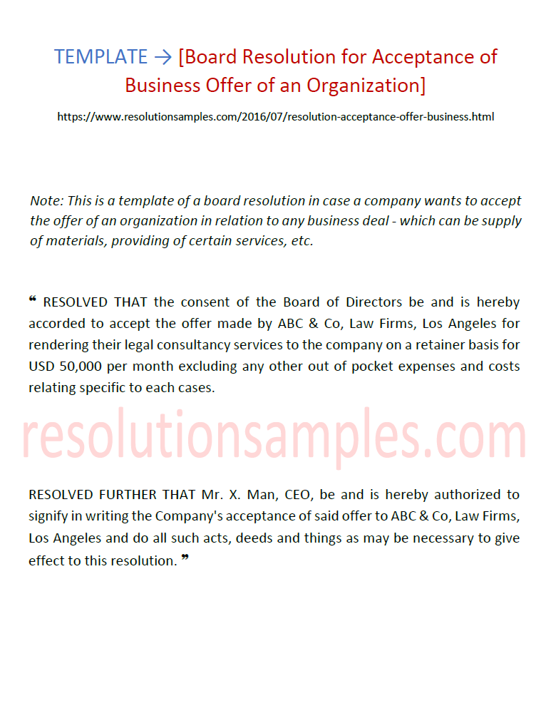 Board resolution: accept business offer made by an organisation
