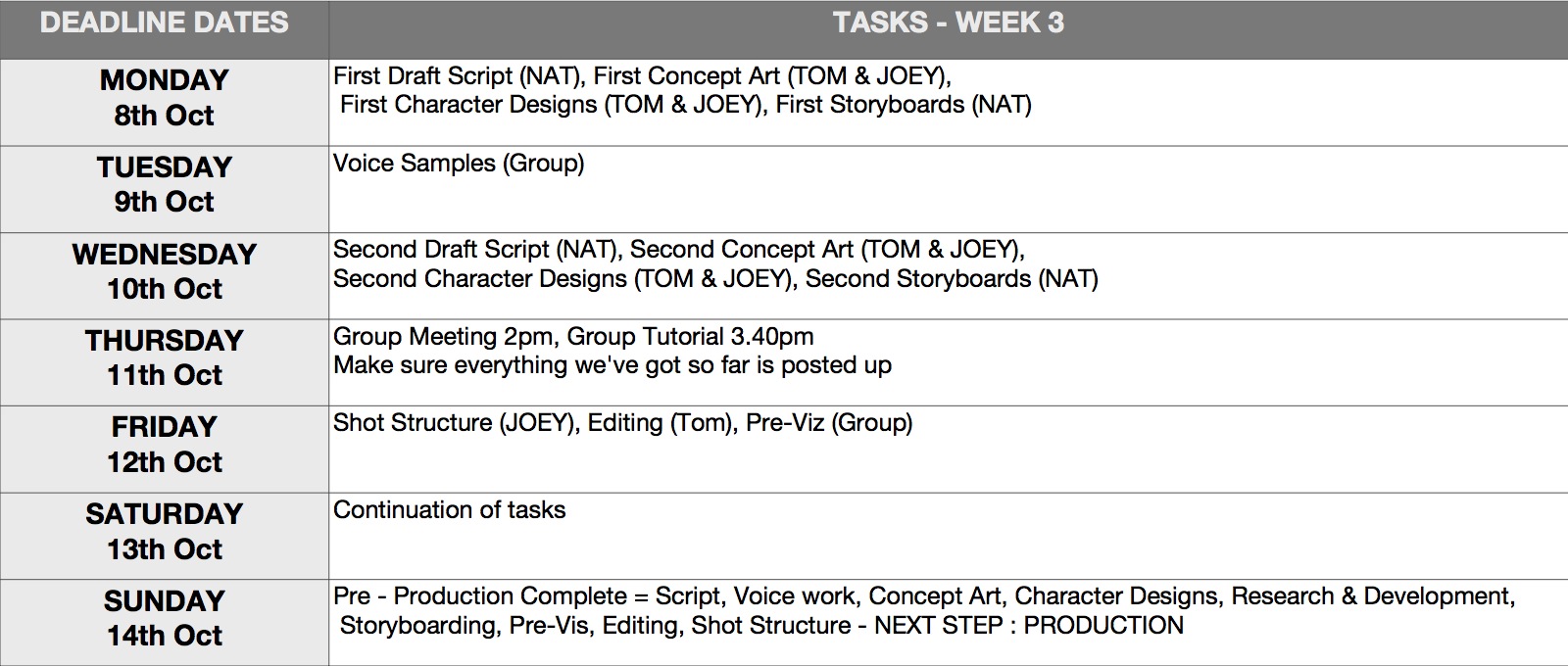 SkyGecko: Narrative : Week 3 Task Schedule