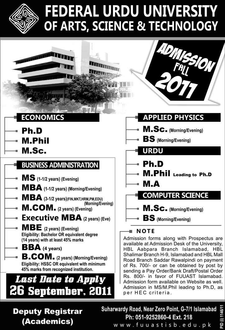 Admission in Pakistan: Fall 2011 Admission in Federal Urdu University ...